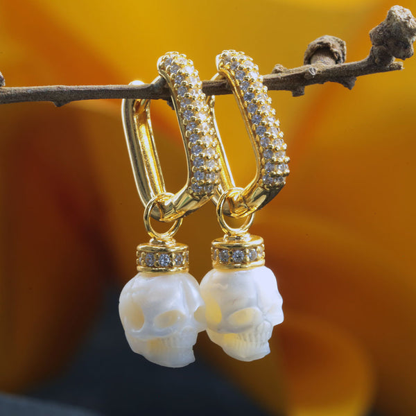 Detachable CZ Pearl Skull Hoop Earrings