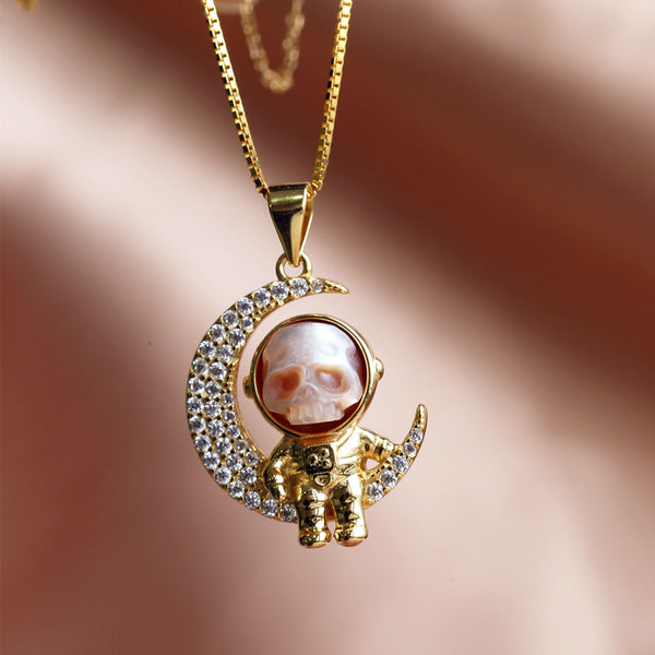 Moon Astronaut Spaceman Cranium Pearl Necklace