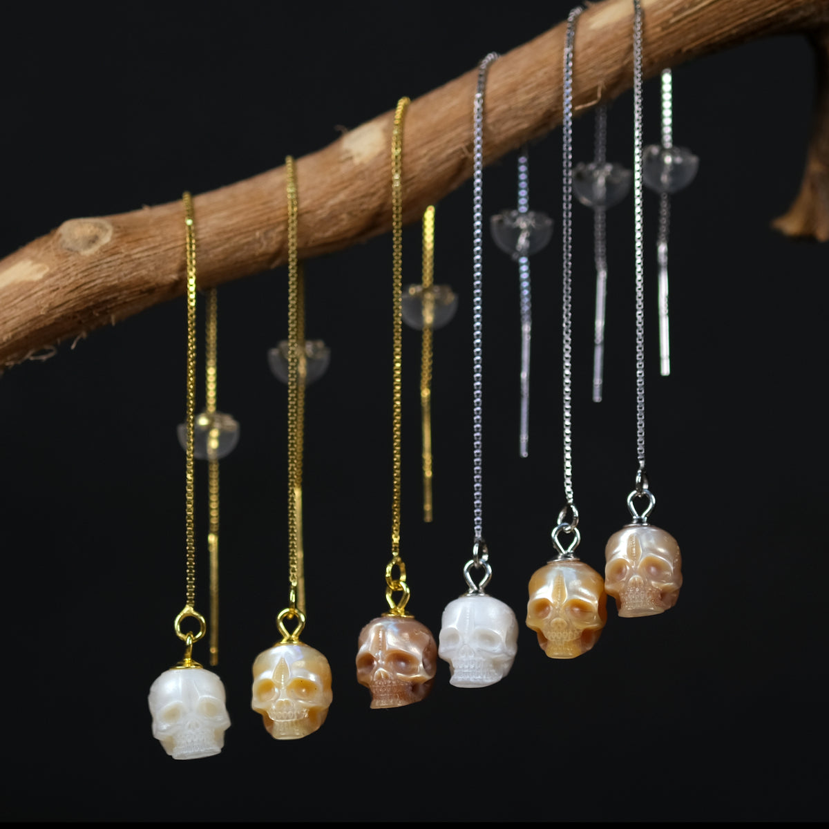 Hand Carved Real Pearl Skull Sterling Silver Jewelry by Belle Juri