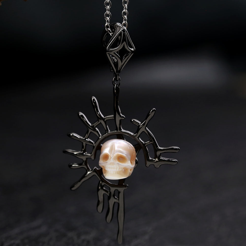 Sun God Dark Spider Web Pearl Skull Necklace-Belle Juri